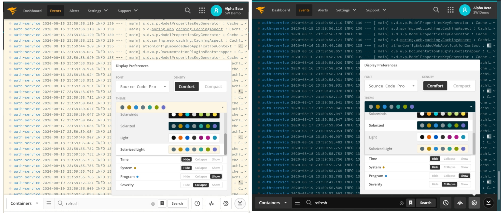 Two New Color Themes in the Event Viewer Display Options - Papertrail