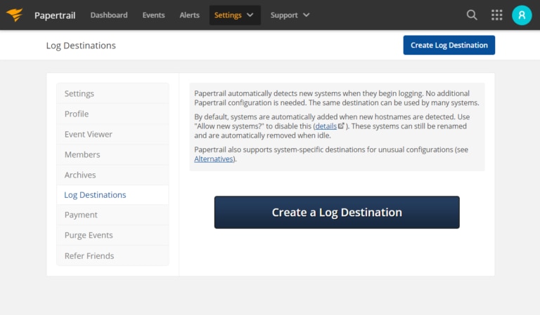 Log destinations - Papertrail