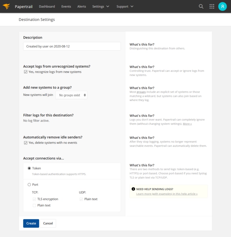 Log destinations - Papertrail